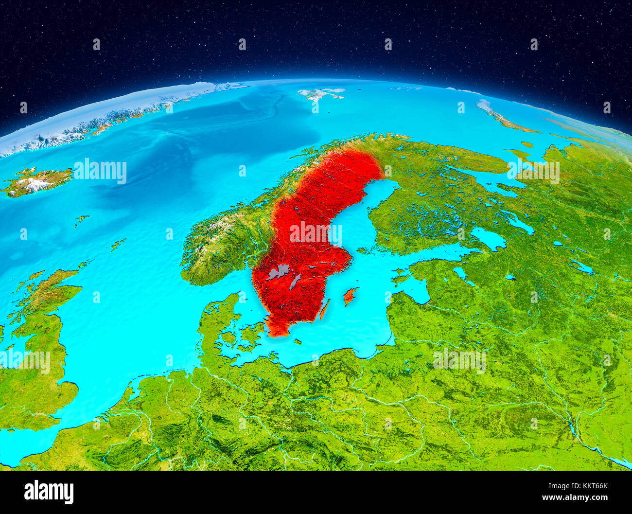 Satellite view of Sweden highlighted in red on planet Earth. 3D ...