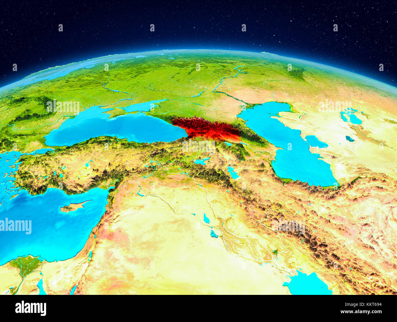 Satellite view of Georgia highlighted in red on planet Earth. 3D illustration. Elements of this ...