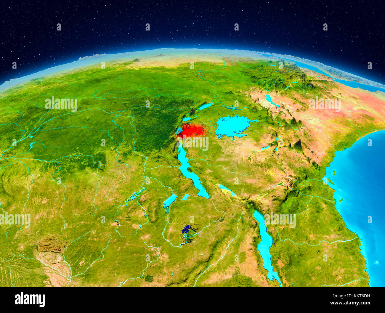Satellite view of Rwanda highlighted in red on planet Earth. 3D ...