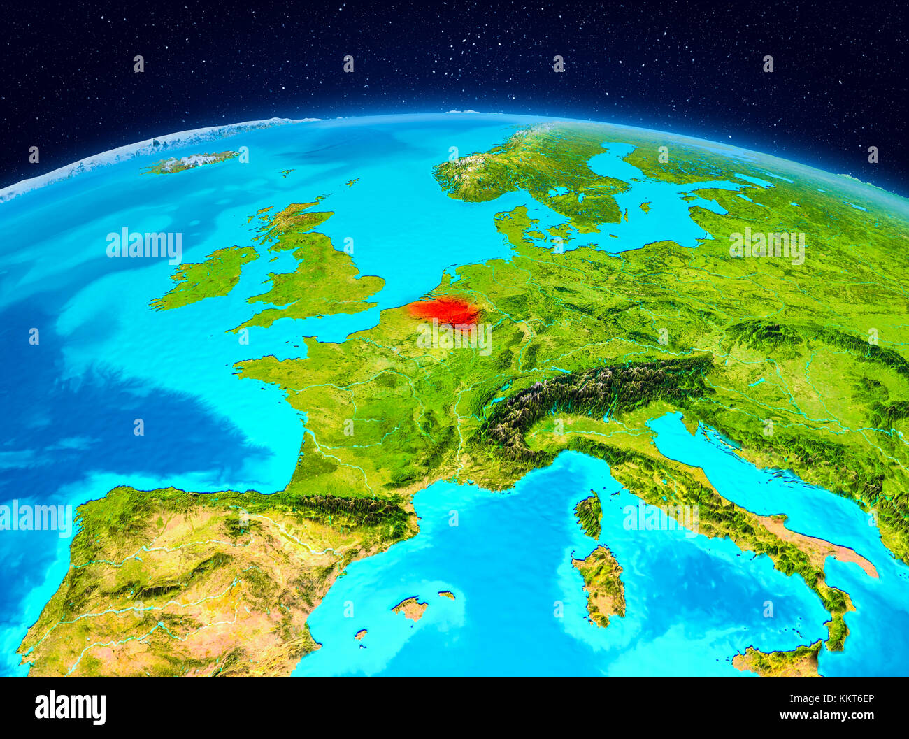 Satellite view of Belgium highlighted in red on planet Earth. 3D illustration. Elements of this ...