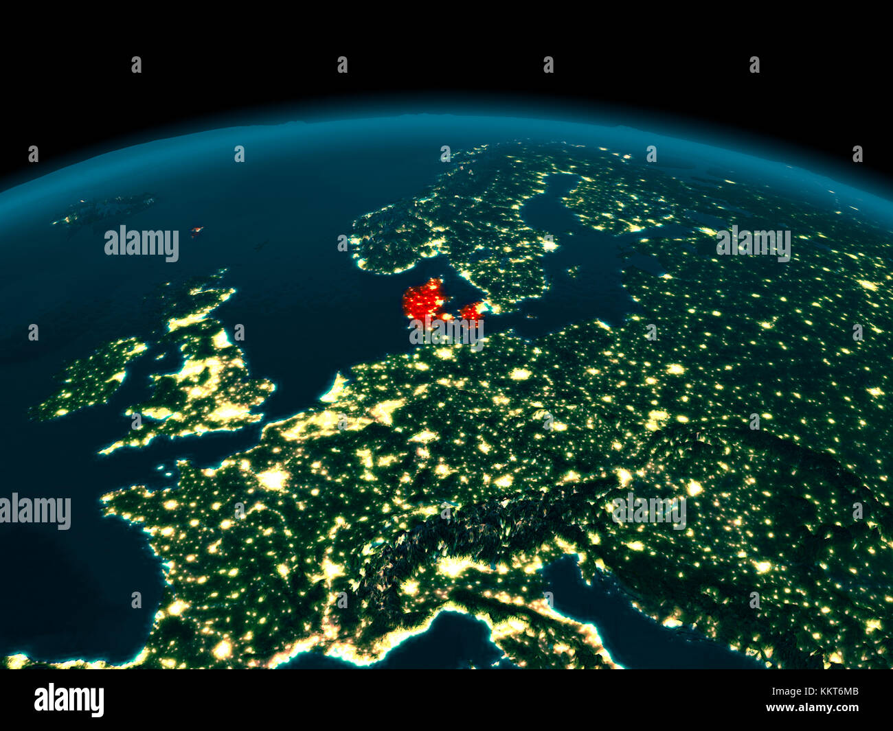 Country of Denmark in red on planet Earth at night. 3D illustration ...
