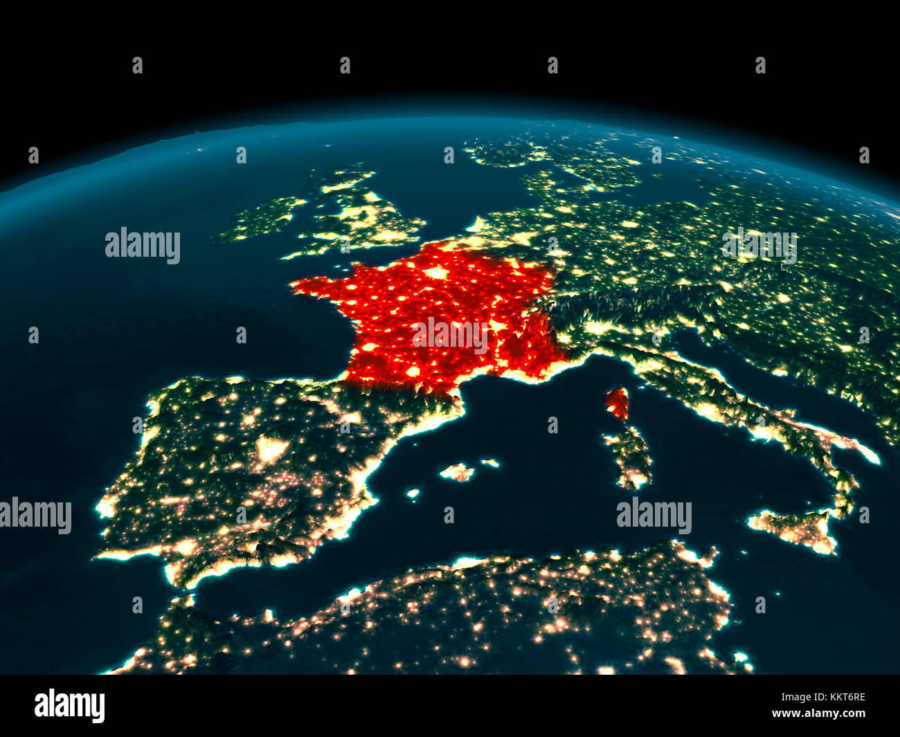 Country of France in red on planet Earth at night. 3D illustration ...