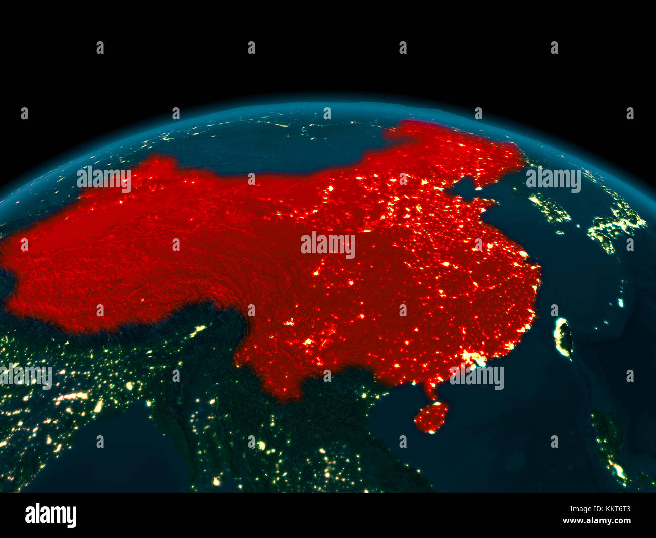 Country of China in red on planet Earth at night. 3D illustration ...