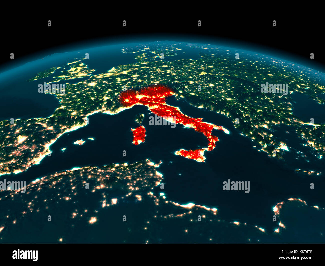 Country of Italy in red on planet Earth at night. 3D illustration ...