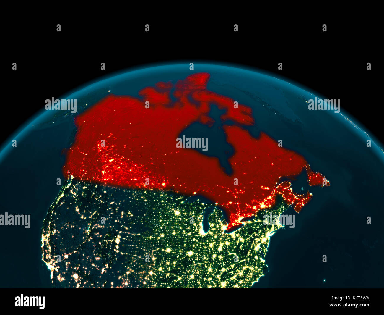 Country of Canada in red on planet Earth at night. 3D illustration ...