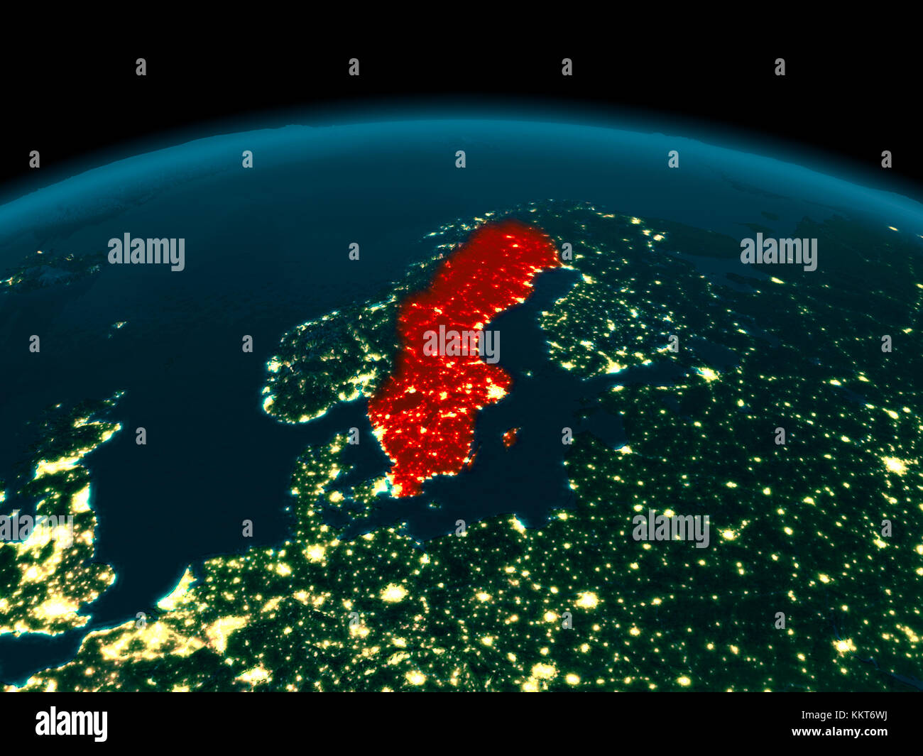Country of Sweden in red on planet Earth at night. 3D illustration ...