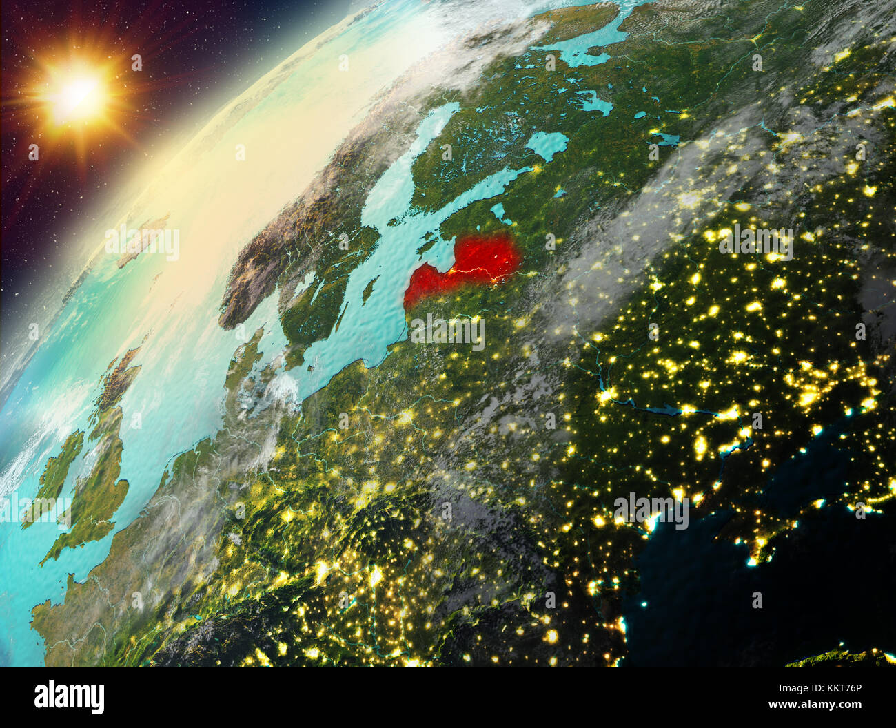 Illustration of Latvia as seen from Earth’s orbit during sunset. 3D ...