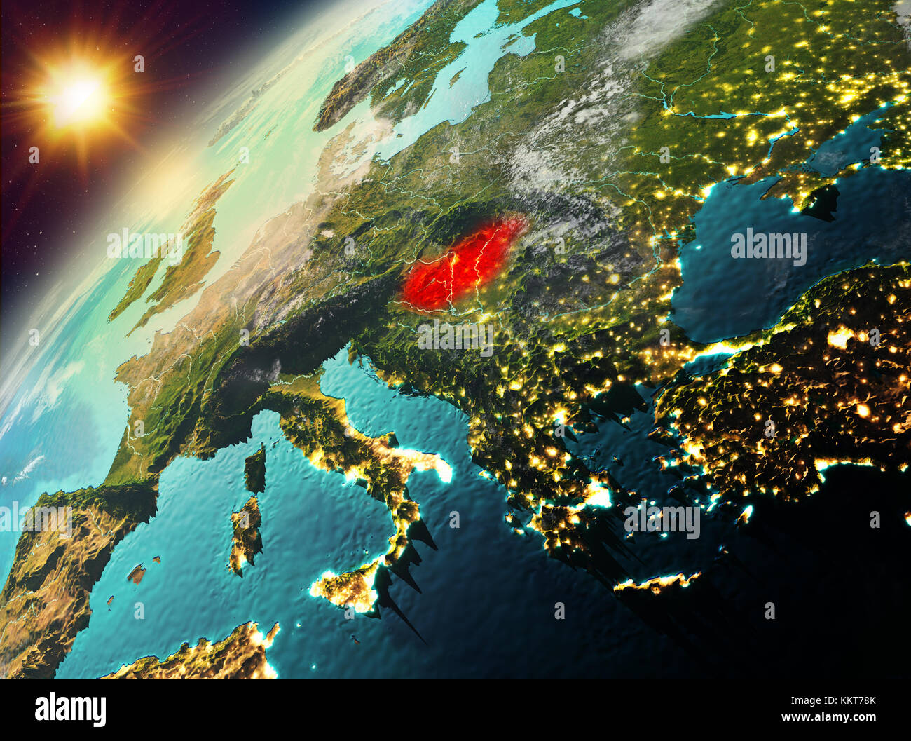 Illustration of Hungary as seen from Earth’s orbit during sunset. 3D ...