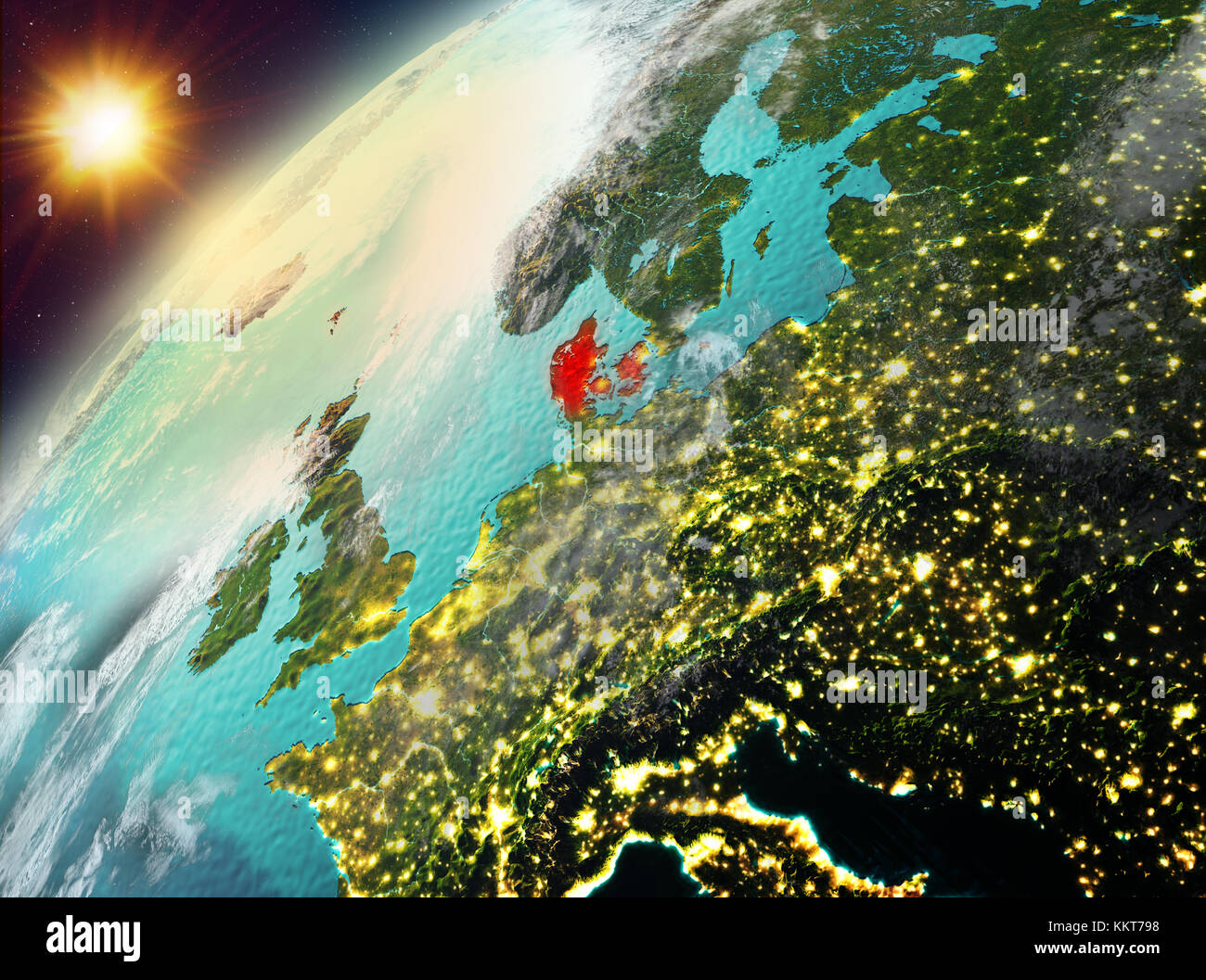 Illustration of Denmark as seen from Earth’s orbit during sunset. 3D ...