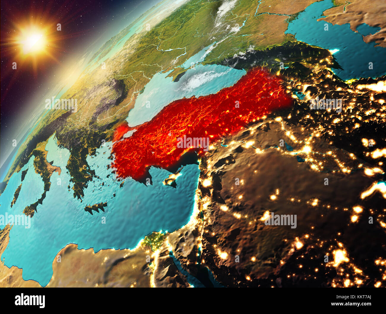 Illustration of Turkey as seen from Earth’s orbit during sunset. 3D ...
