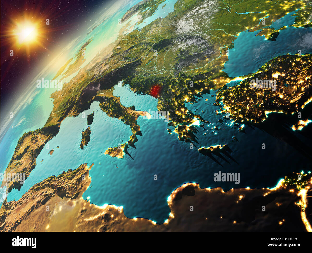 Illustration of Montenegro as seen from Earth’s orbit during sunset. 3D ...