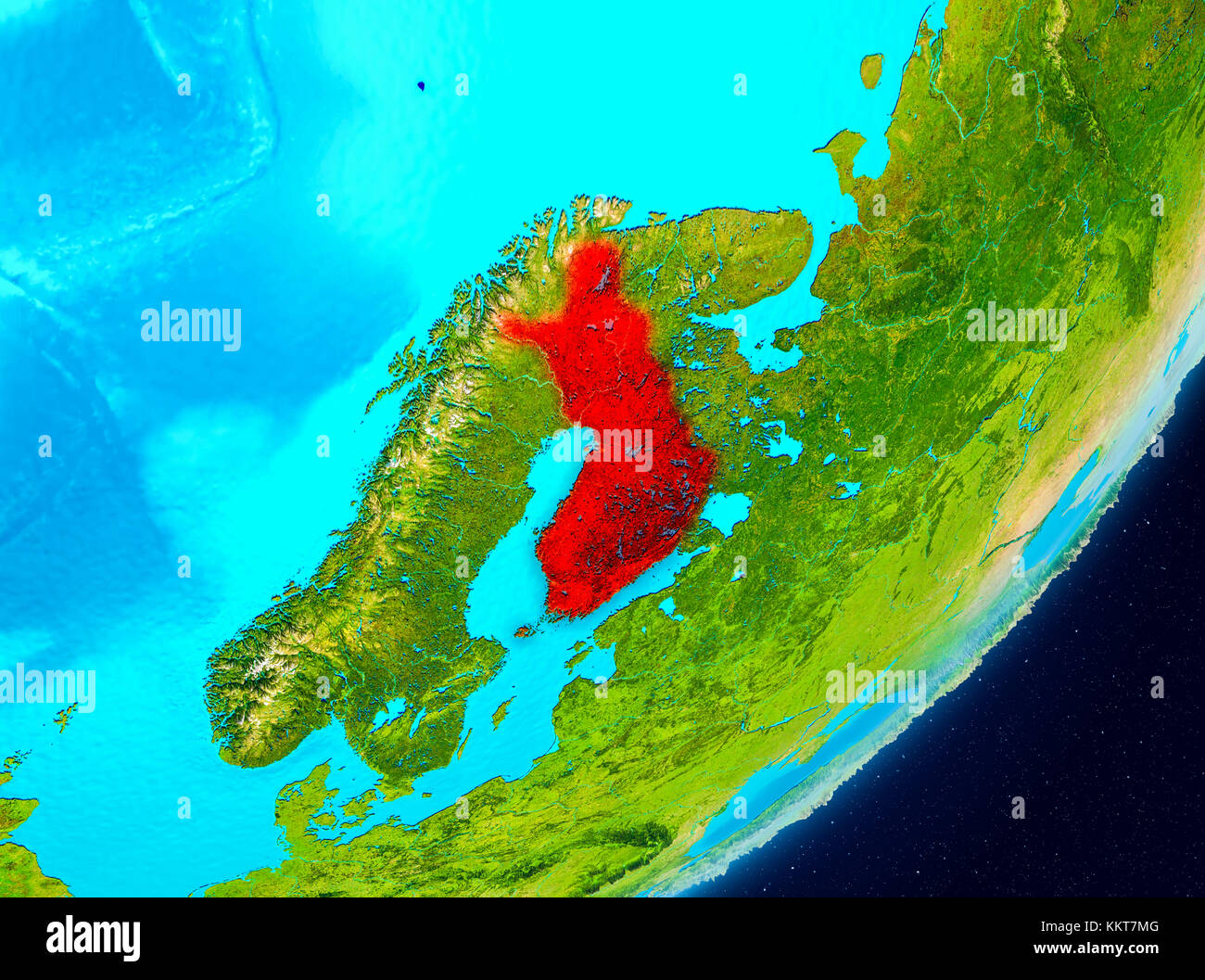Map of Finland as seen from space on planet Earth. 3D illustration ...