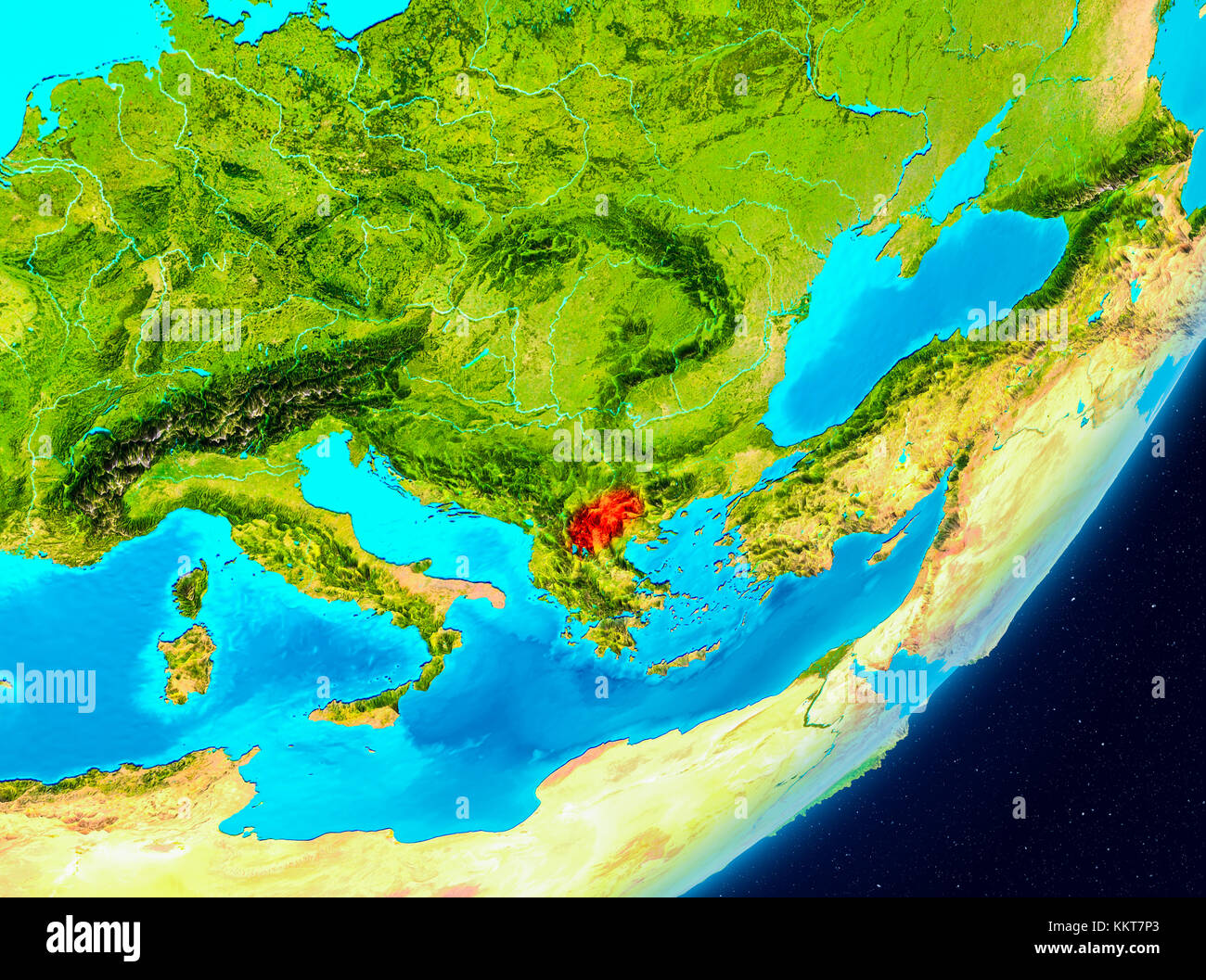 Map of Macedonia as seen from space on planet Earth. 3D illustration ...