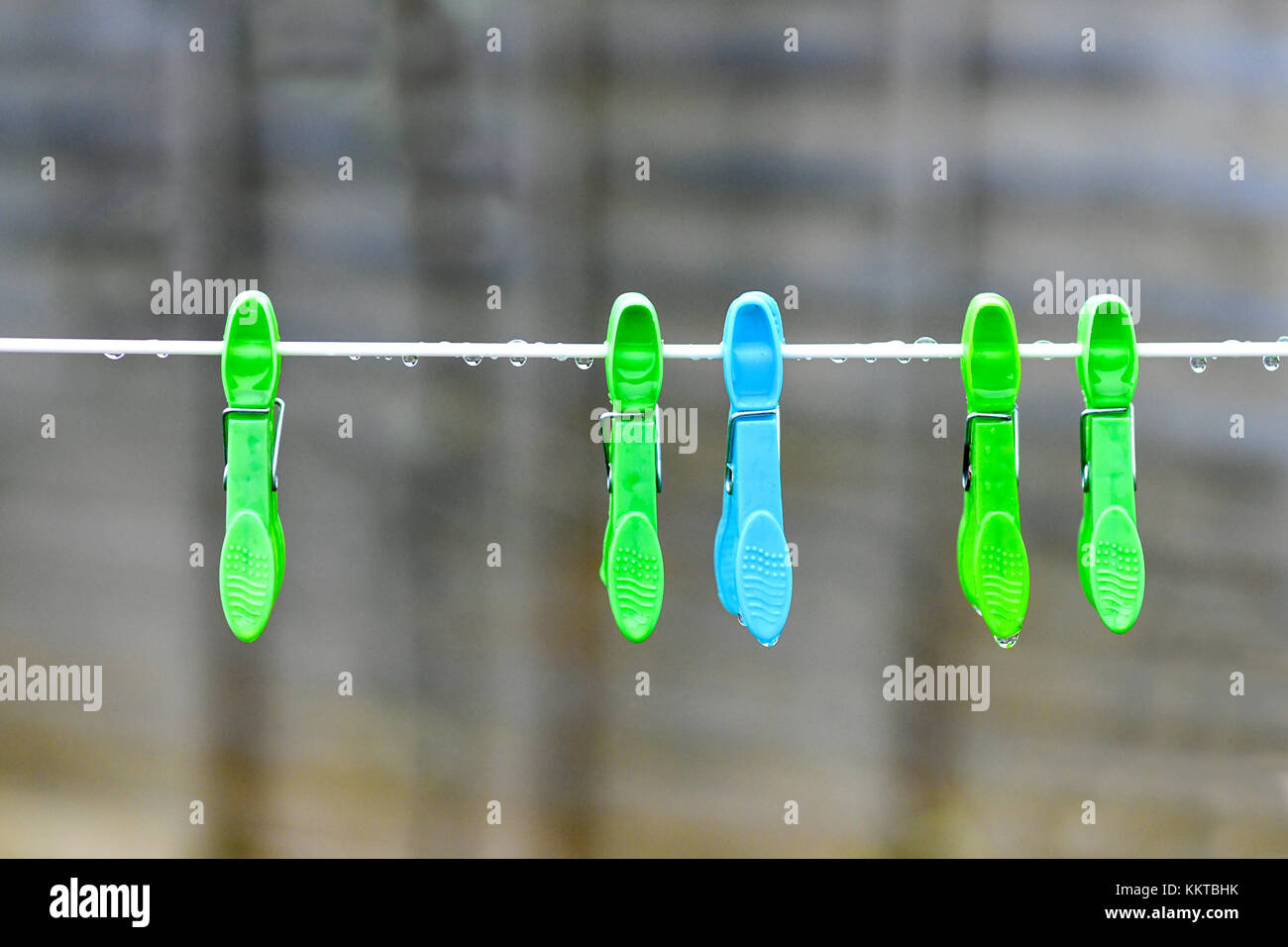 conceptual image of a dull rainy day, with wet peg and rain drops in ...