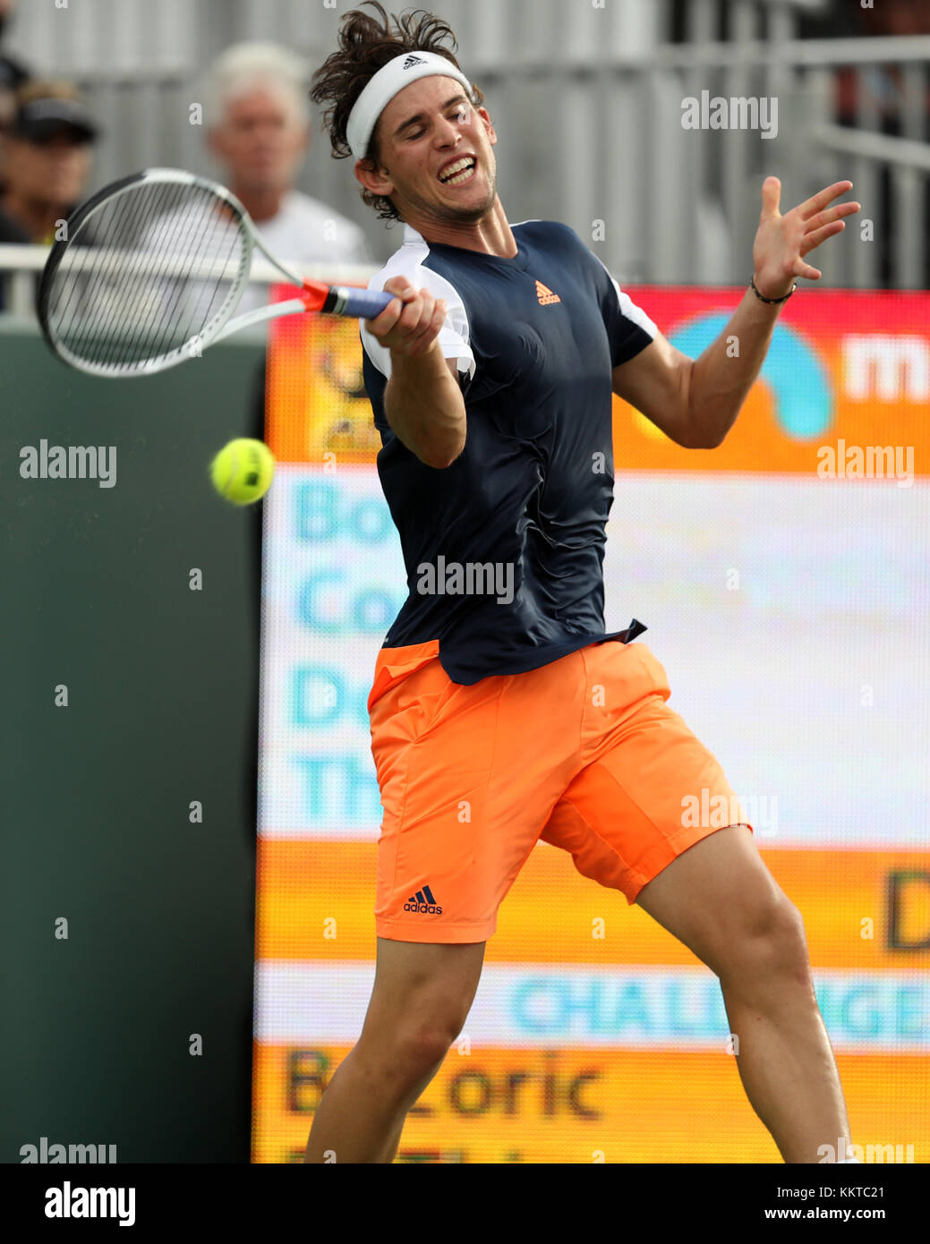 KEY BISCAYNE, FL - MARCH 25: Dominic Thiem breaks his racket on day 6 ...