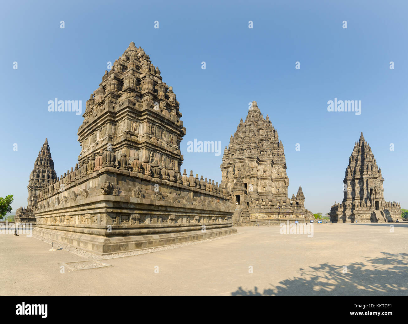 panorama view of ancient archaeological site of Prambanan with Hindu ...