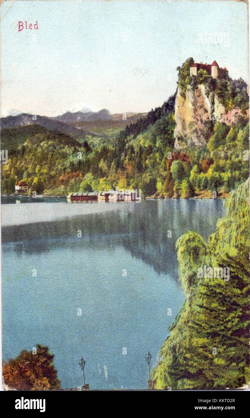 This postcard, dating back to 1915, features a view of Lake Bled ...