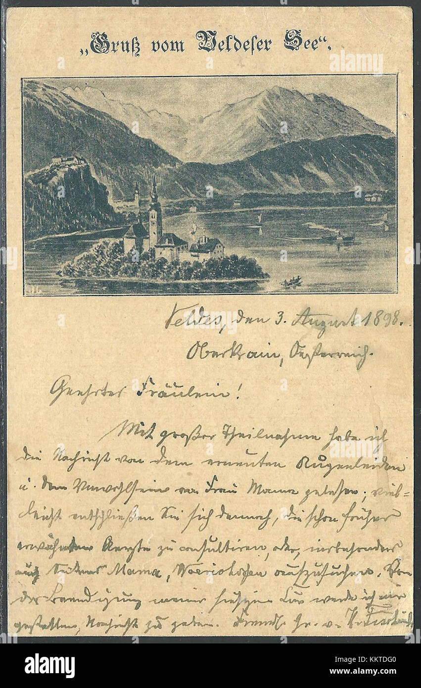 This vintage postcard from 1898 captures the scenic beauty of Lake Bled ...