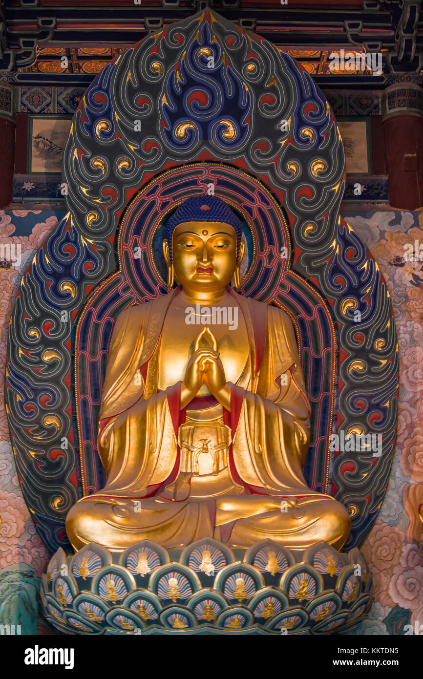 Giant golden Buddha statues housed in the Huayan Monastery Stock Photo ...
