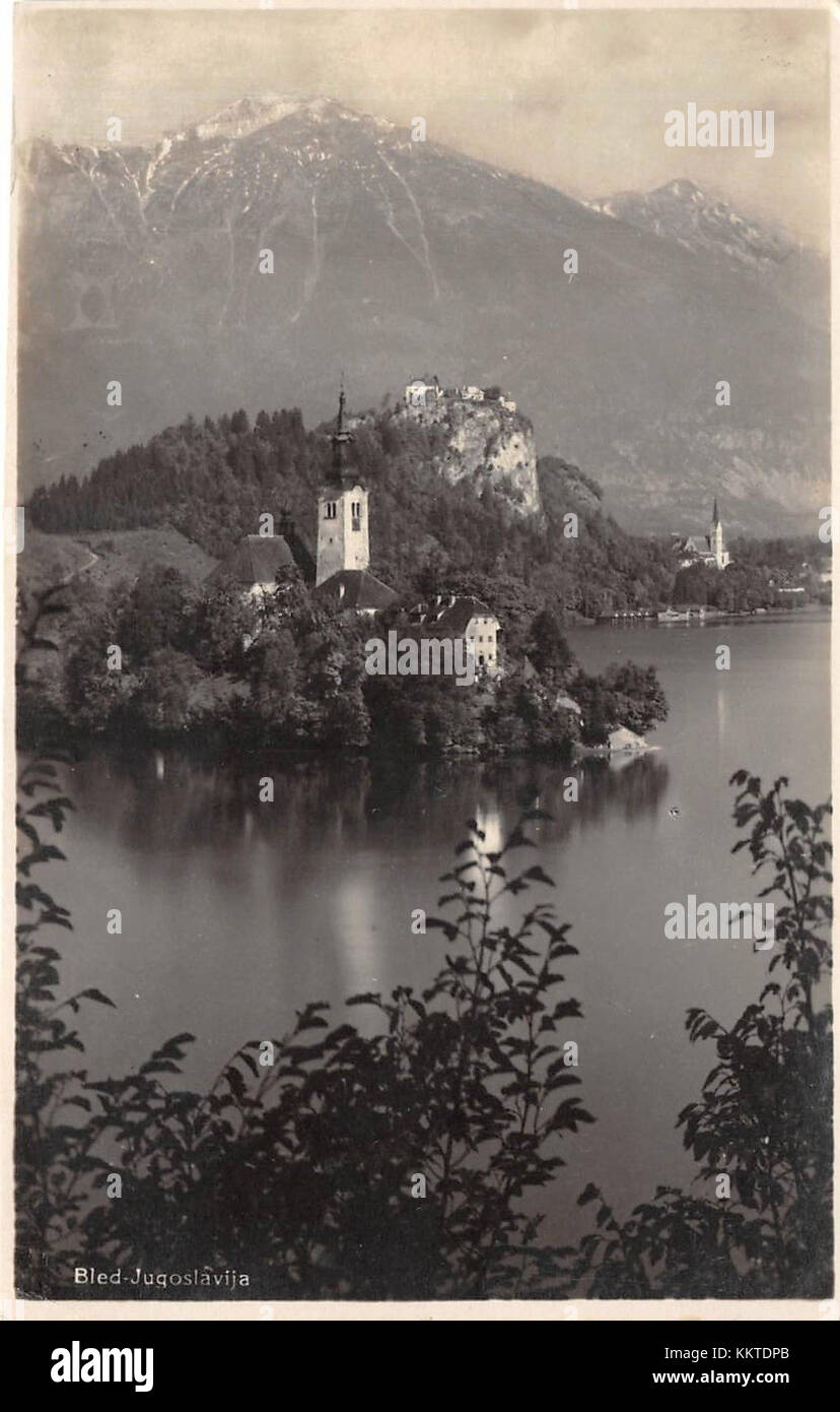 This vintage postcard from 1930 depicts the scenic beauty of Lake Bled ...