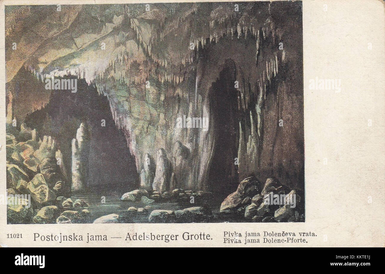A vintage postcard from the 1900s featuring Postojna Cave in Slovenia ...