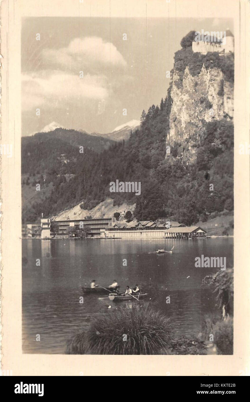 This postcard showcases a scenic view of Bled, a popular tourist ...