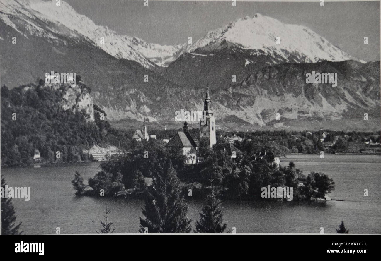 A vintage postcard from Bled in 1942, depicting the iconic landscape ...