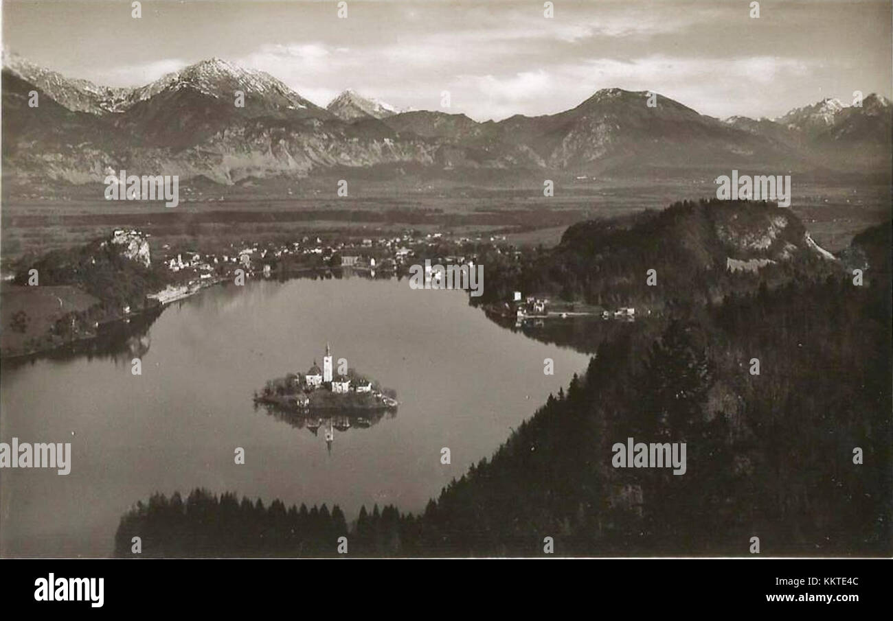 A vintage postcard depicting the picturesque town of Bled, Slovenia, as ...