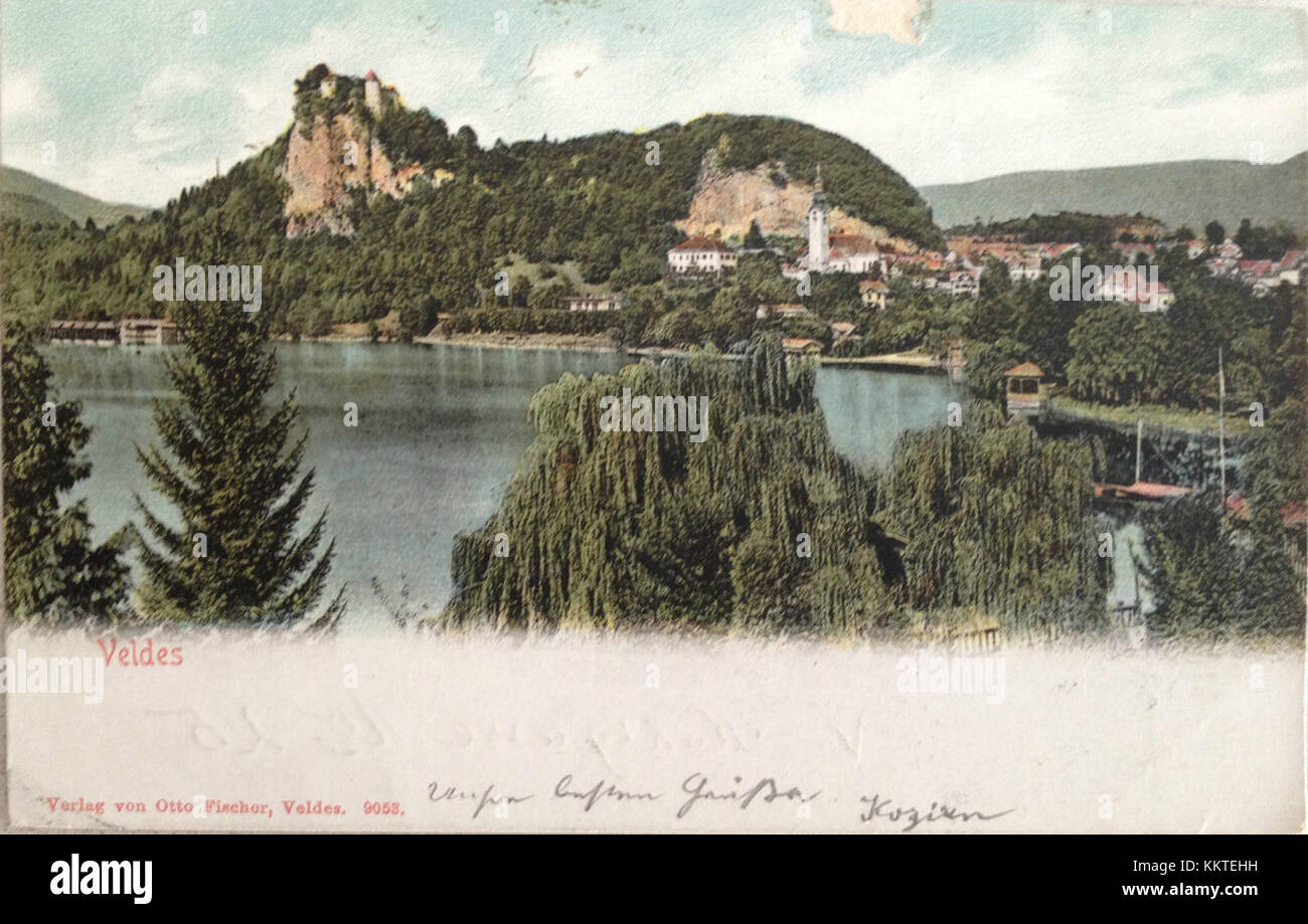 This vintage postcard depicts the scenic town of Bled, Slovenia, as it ...