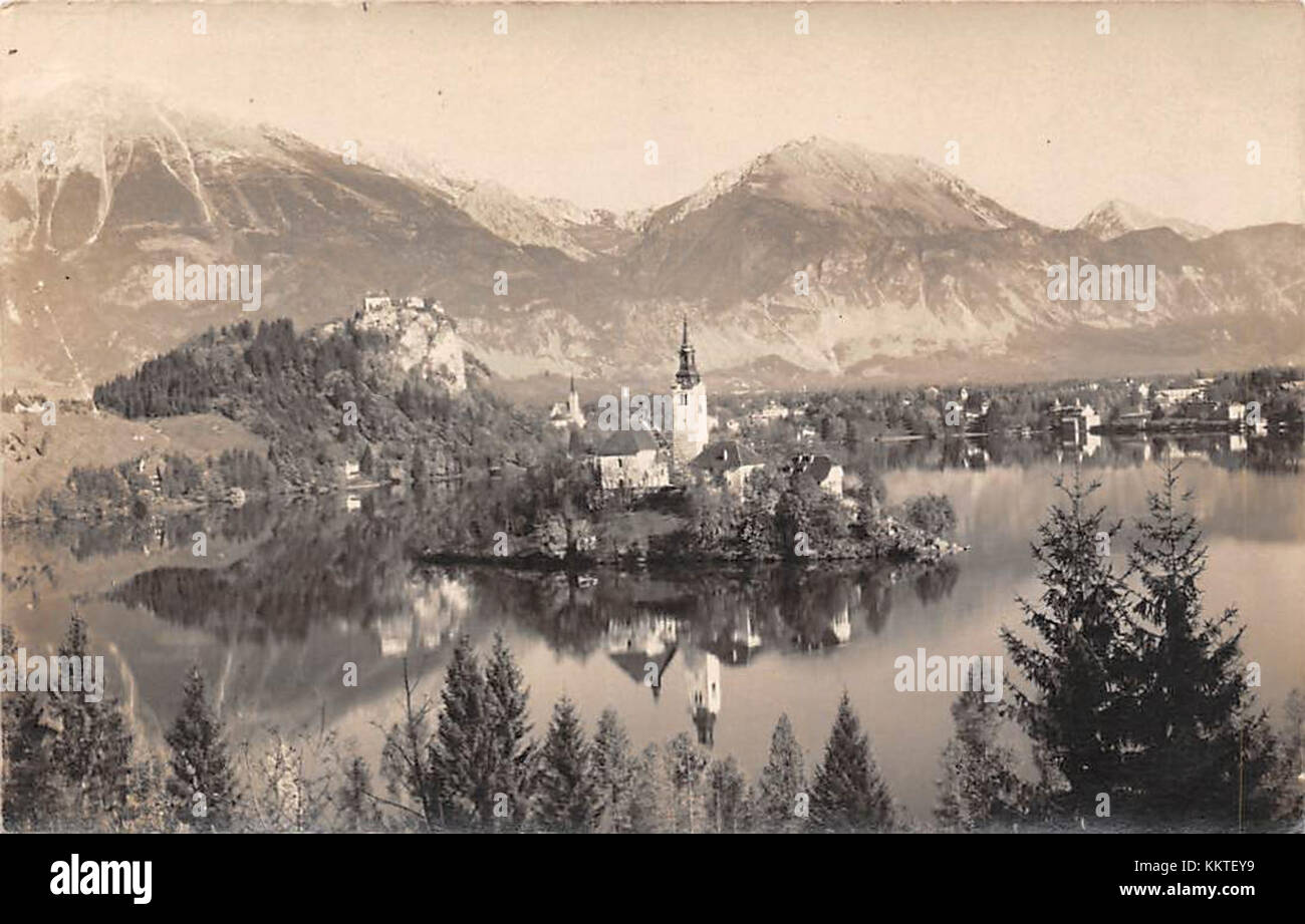 Postcards from Bled, dated 1928, showcase the scenic beauty of the town ...