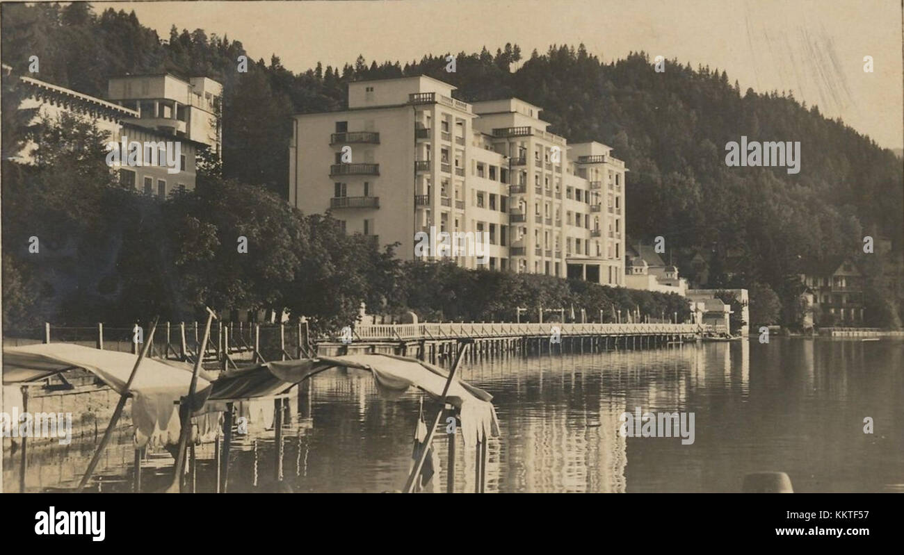 A vintage postcard depicting the town of Bled, Slovenia, in the 1930s ...