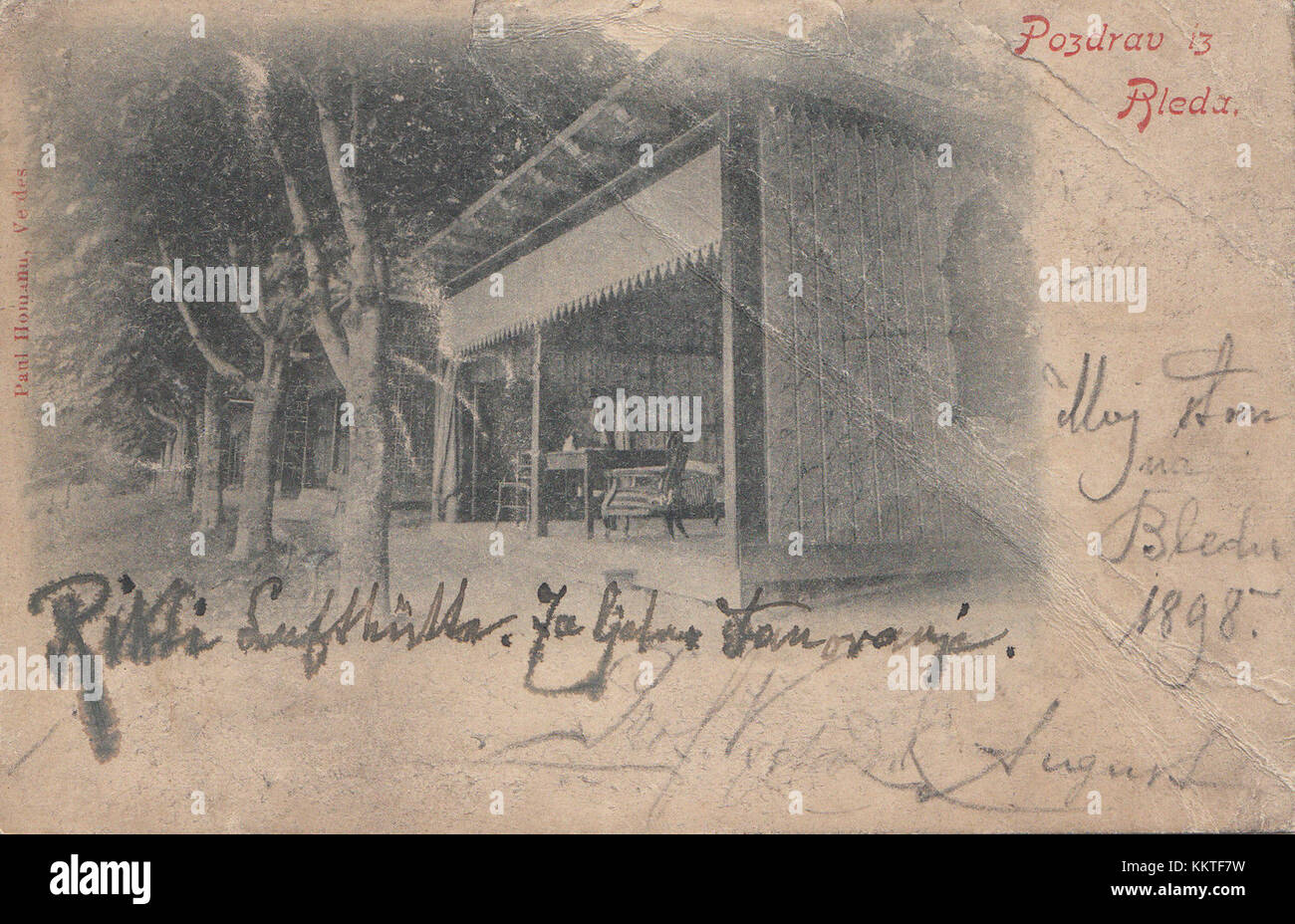 This 1898 postcard depicts the scenic town of Bled in Slovenia ...