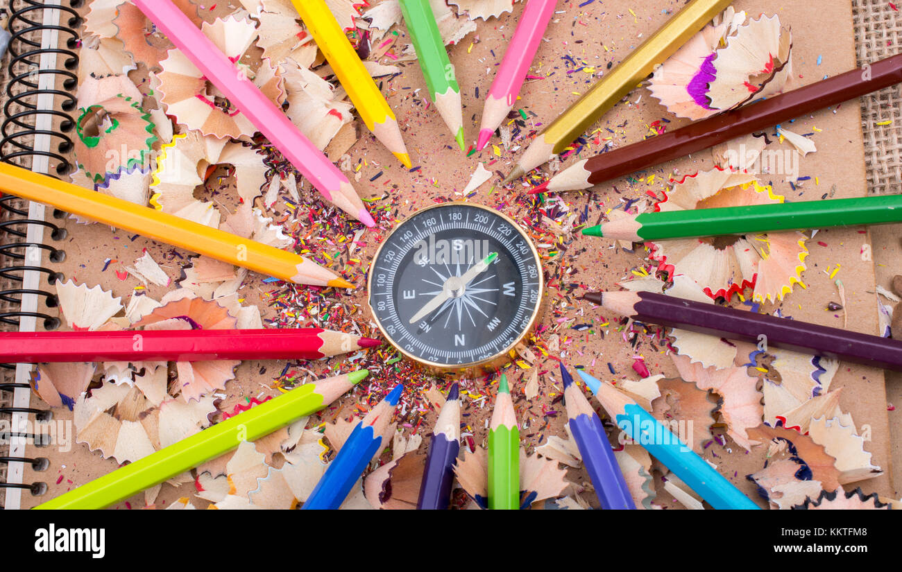 the compass instrument and a few colorful pencils Stock Photo - Alamy