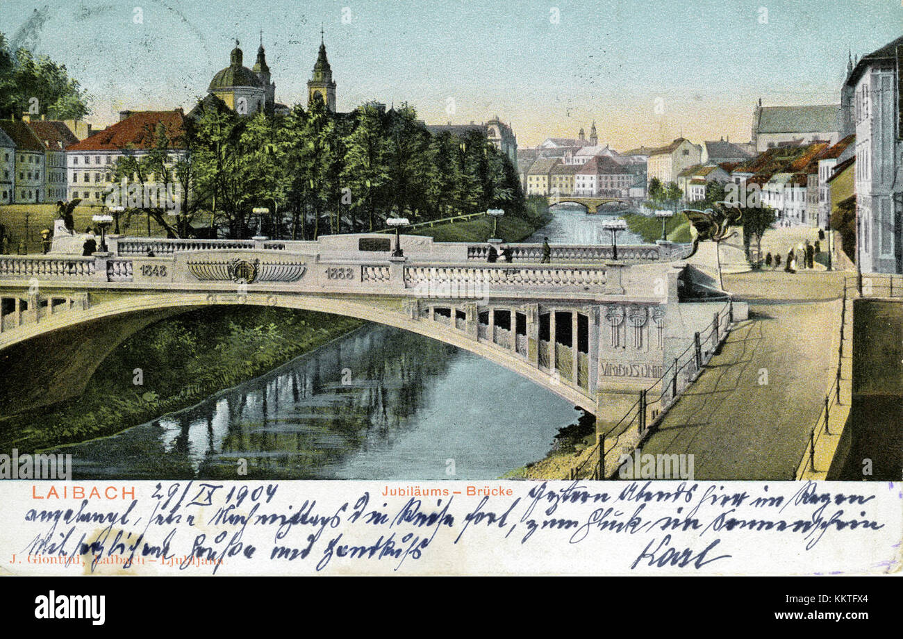 This 1904 postcard shows the Dragon Bridge in Ljubljana, Slovenia, an ...