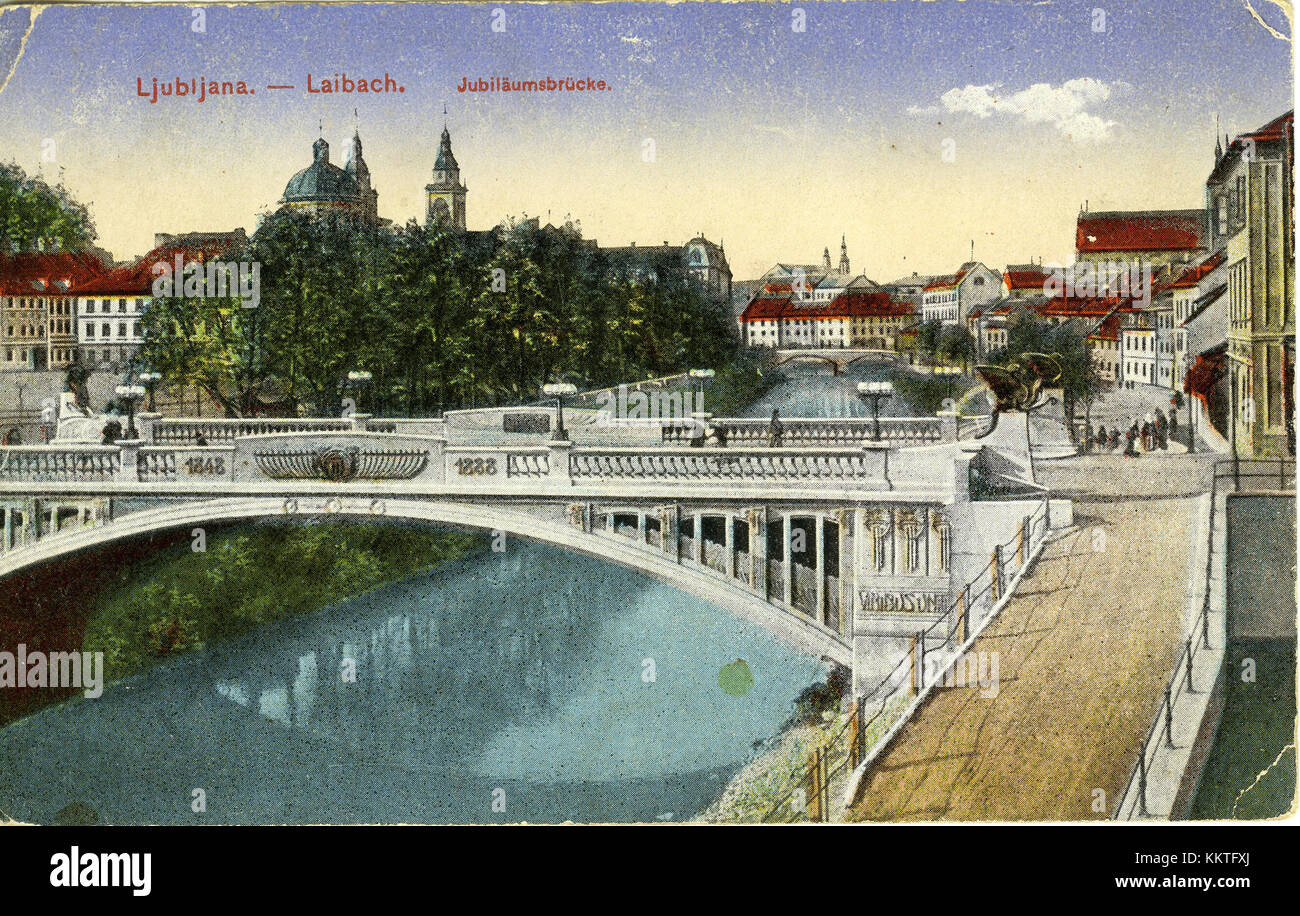 This postcard from the 1910s depicts the Dragon Bridge in Ljubljana ...