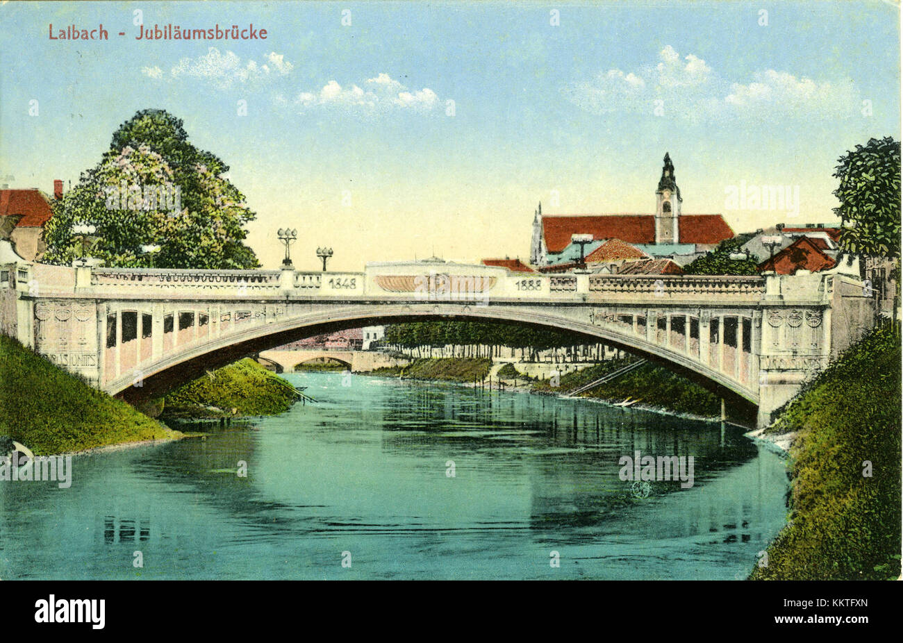 This postcard from 1916 features the Dragon Bridge in Ljubljana ...