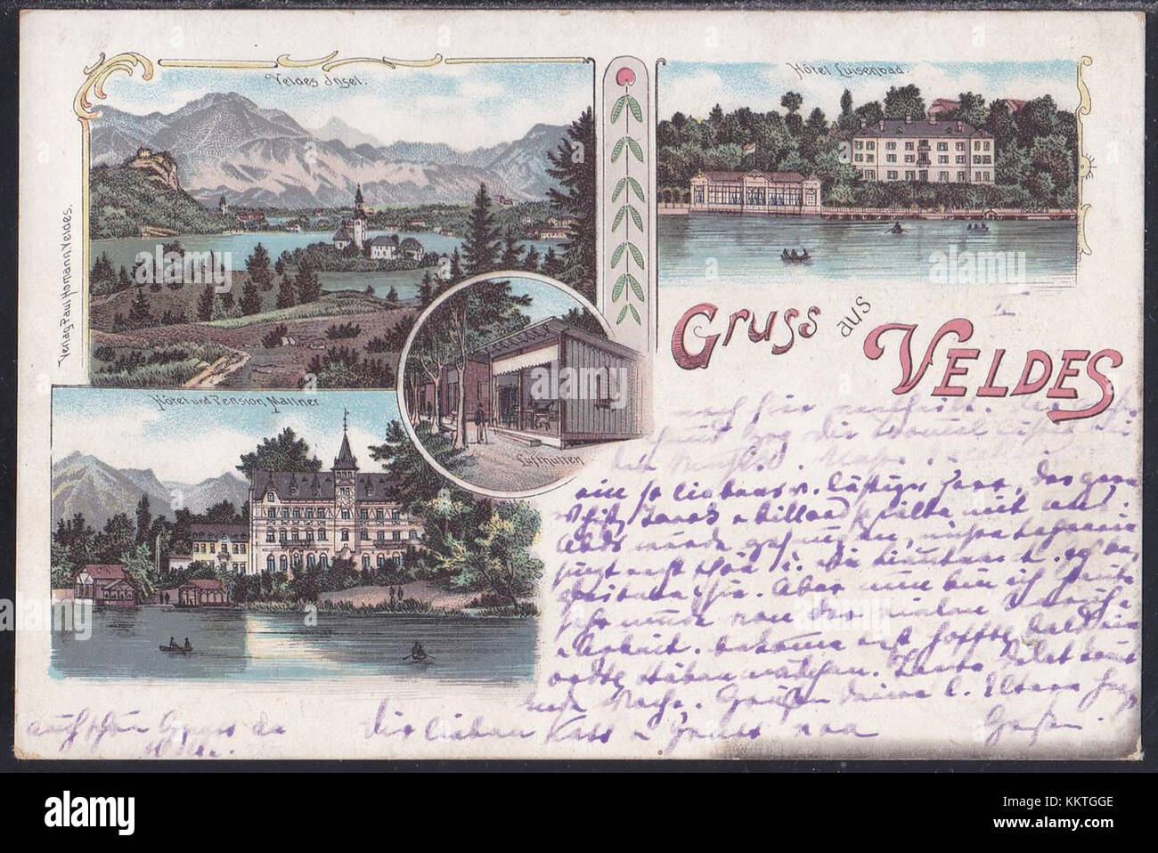 A postcard from 1897 depicting the town of Bled in Slovenia, showcasing ...