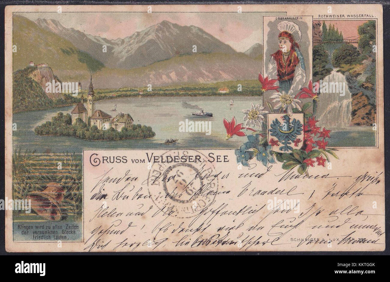 A vintage postcard from 1897 depicting Bled, a picturesque town in ...