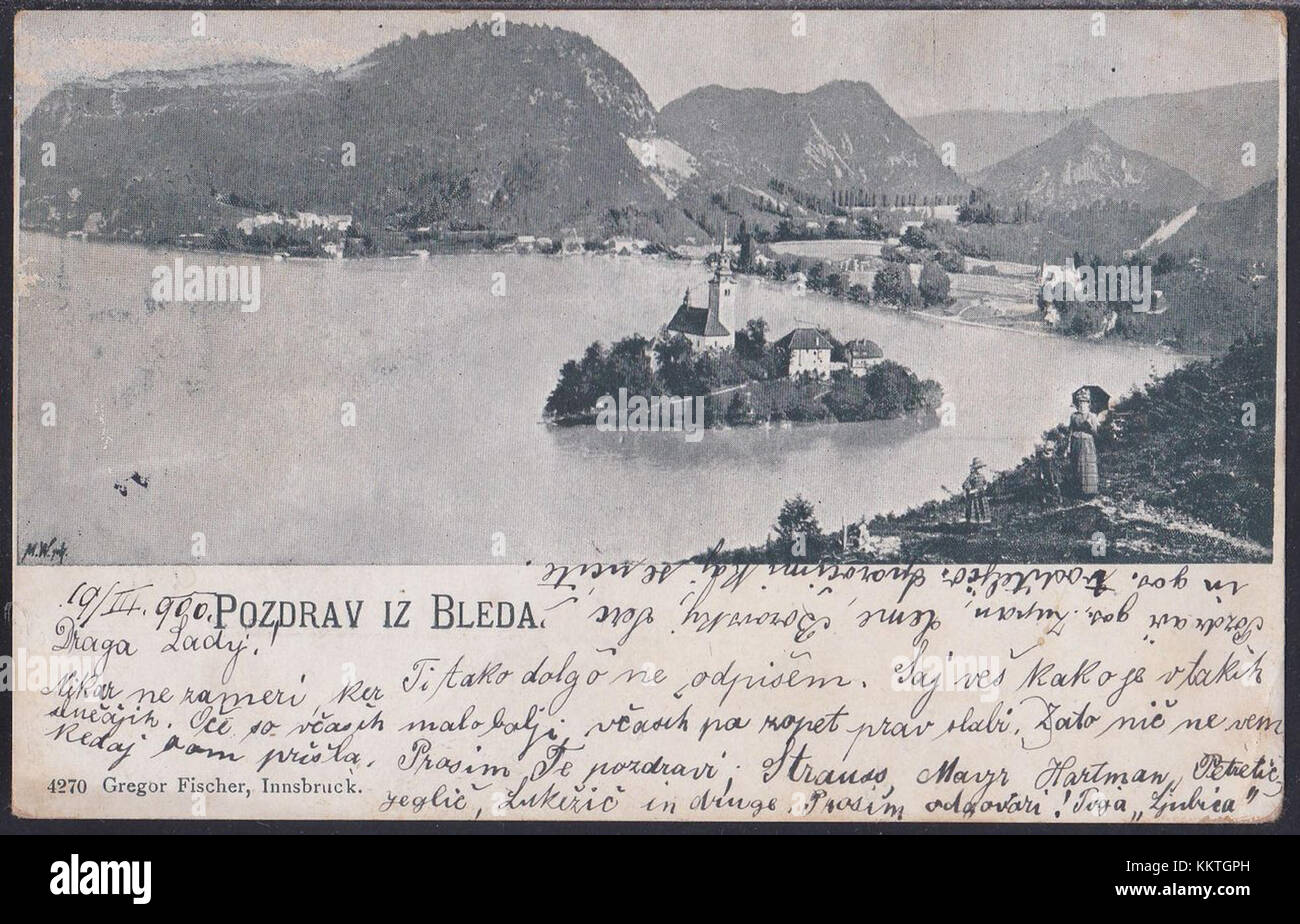 A 1900 postcard depicting Bled Island, located in Lake Bled, Slovenia ...