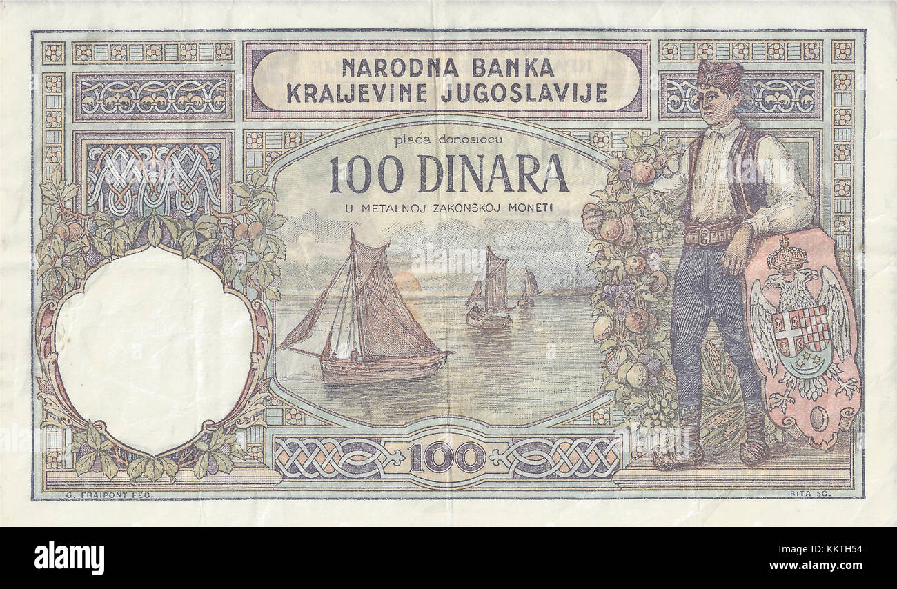 The 100 dinar banknote from 1929, issued in Yugoslavia. It features ...
