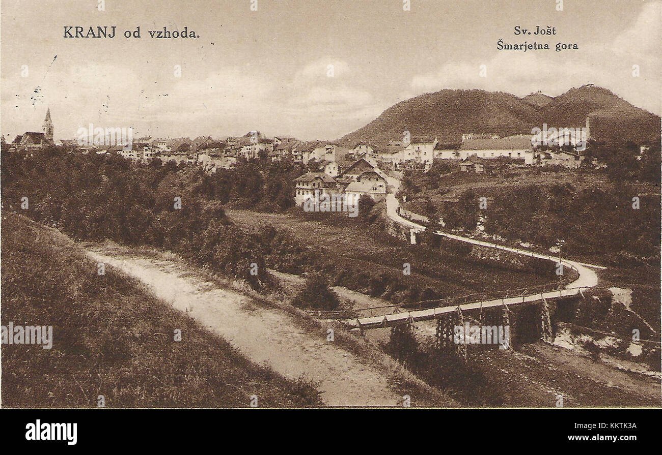 The postcard shows a scenic view of Kranj, Slovenia, from the early ...