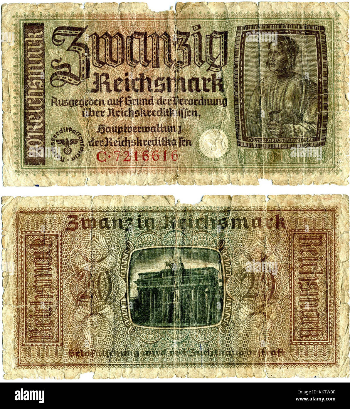 Zwanzig Reichsmark refers to a German currency note from the period of ...