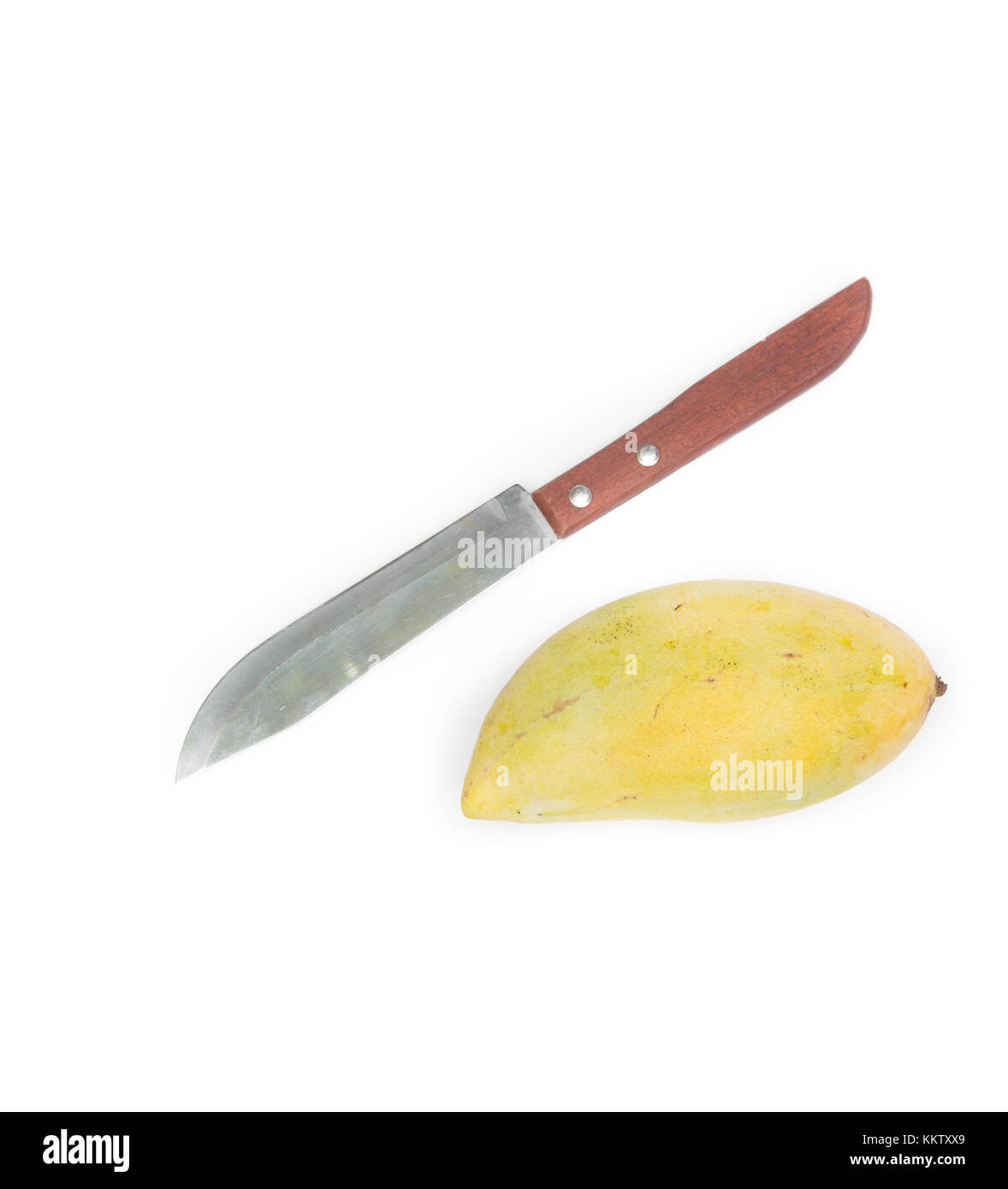 mango and knife, ripe mango and the paring knife used to peel isolated ...