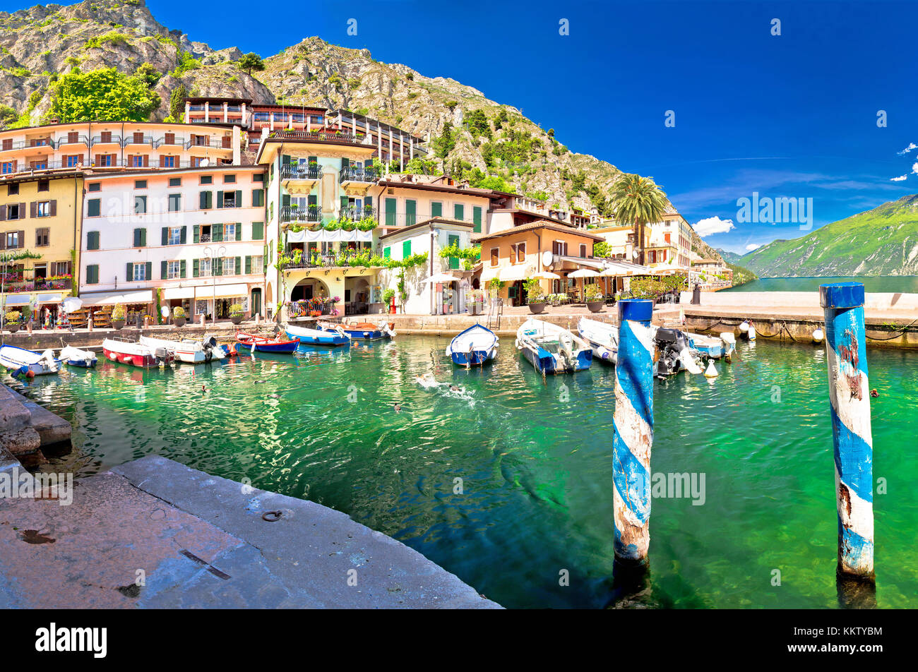 Limone sul Garda turquoise harbor panoramic view, town on Garda lake in ...