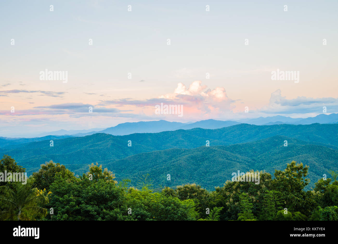 Green layer of forest mountain in the evening for Doi Pha Chu in ...
