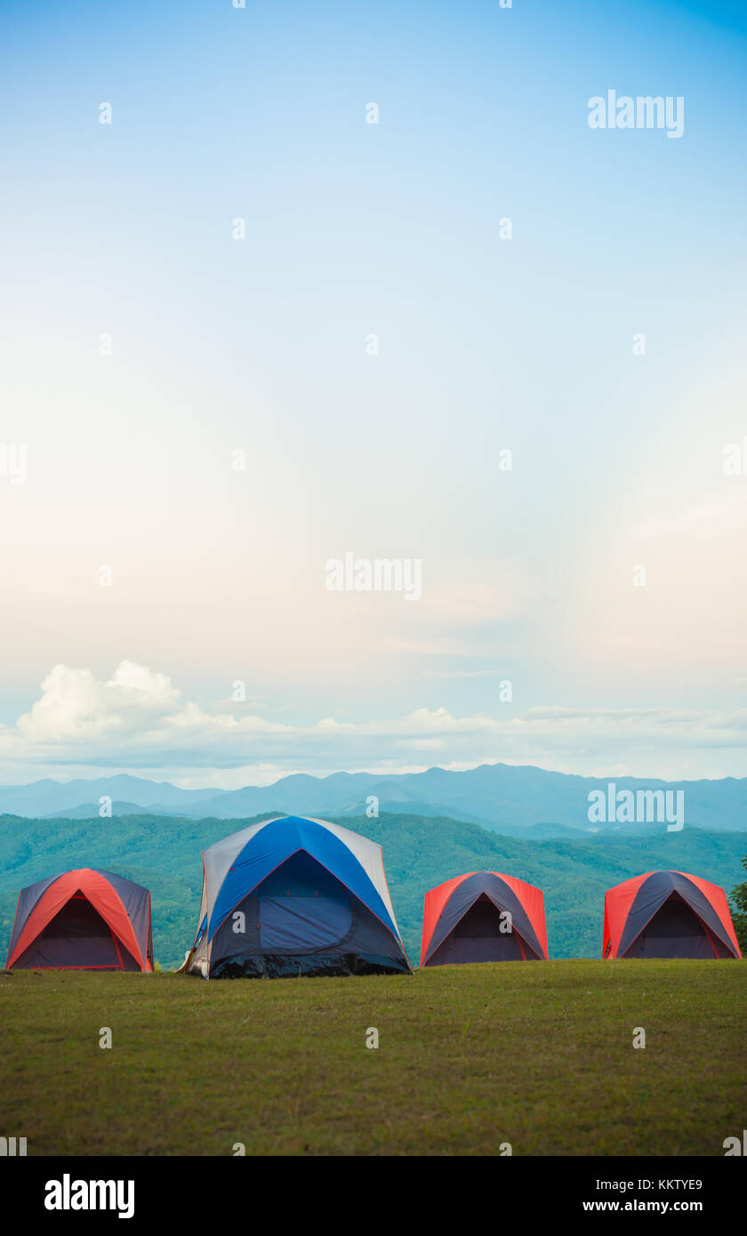 Four camping tent set on grass floor with beautiful view of Green ...