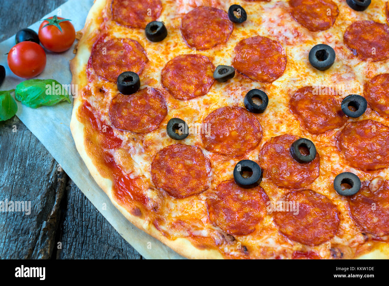 Selective focus in the middle of homemade pepperoni pizza Stock Photo ...