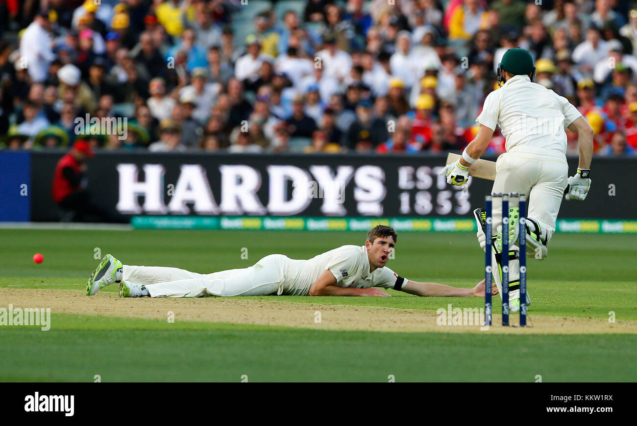 England's Craig Overton looks on as Australia's Steve Smith goes ...