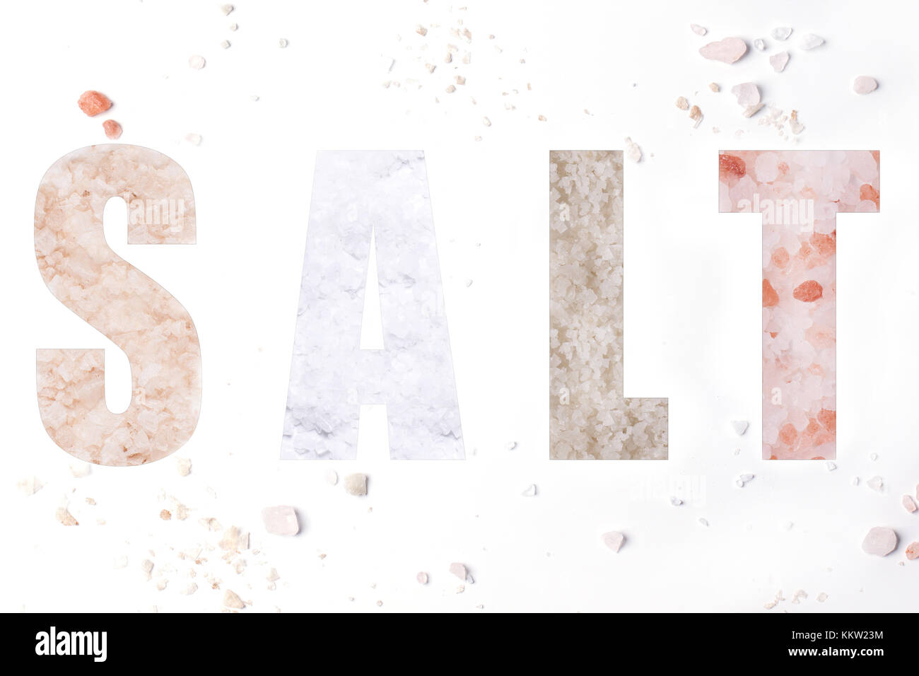 The word salt with mix of four kind of salts over white Stock Photo - Alamy