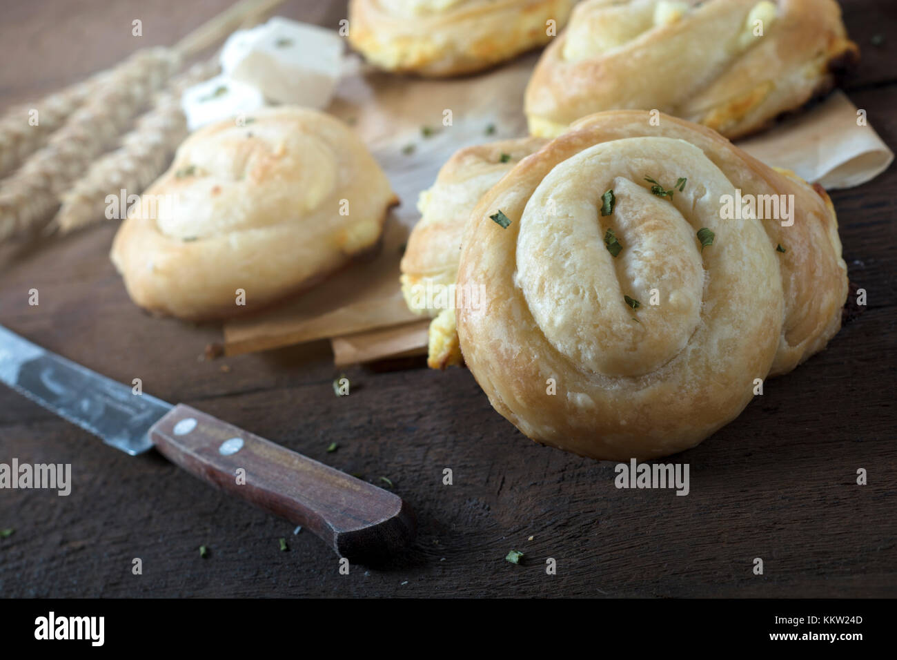 Traditional Bosnian cheese pies.Selective focus on the front pie Stock ...